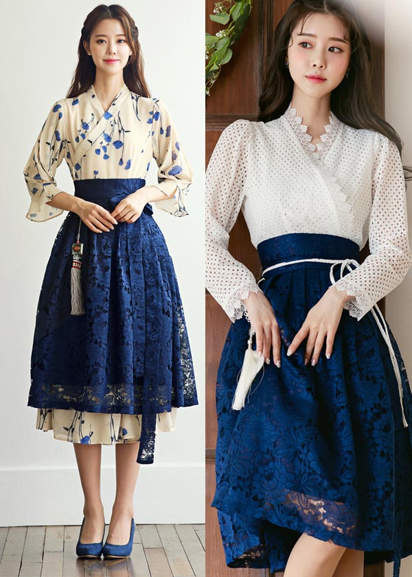 Elegant Floral Lace Modern Hanbok Skirt in Blue – Joteta Korean Online Shop