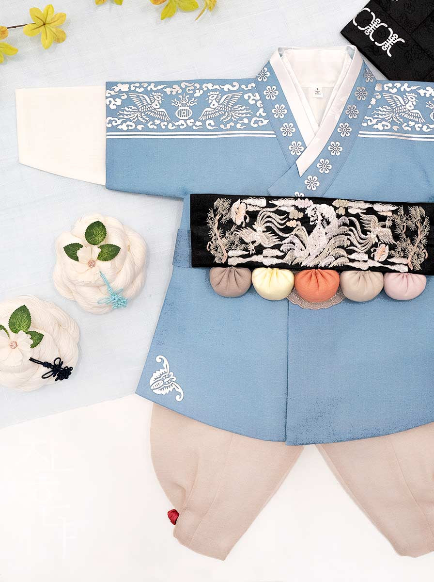 Fancy Silver Foil Patterned Prince Hanbok in Skyblue – Joteta Korean ...