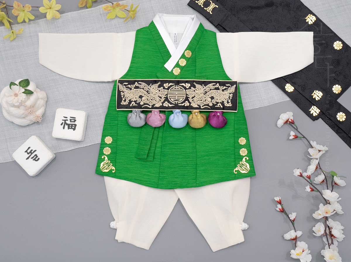 Gold Foil Traditional Pattern Doryeong Hanbok in Green – Joteta Korean ...
