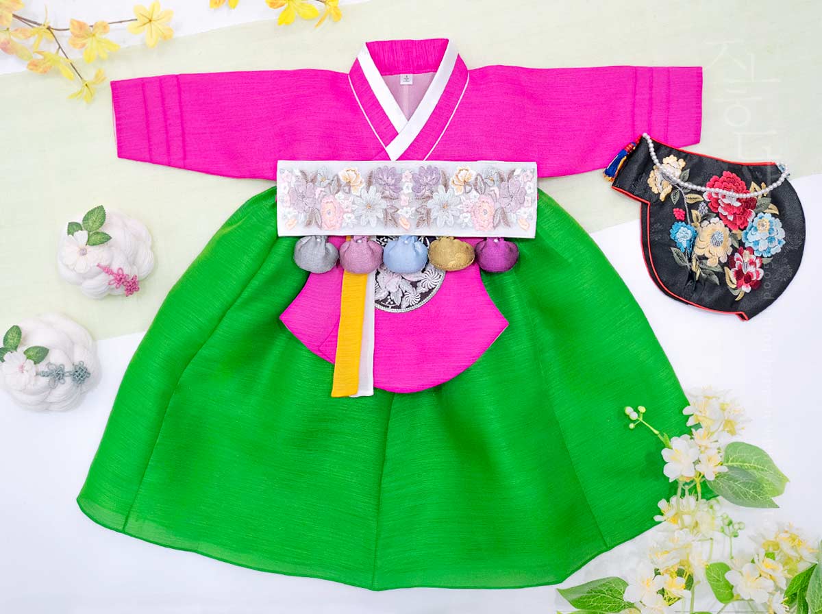 Lotus Embroidery Baby Girl Hanbok in Hot Pink & Green – Joteta Korean ...