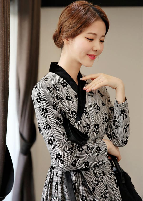 Gray Black Flower Modern Hanbok Dress – Joteta Korean Online Shop